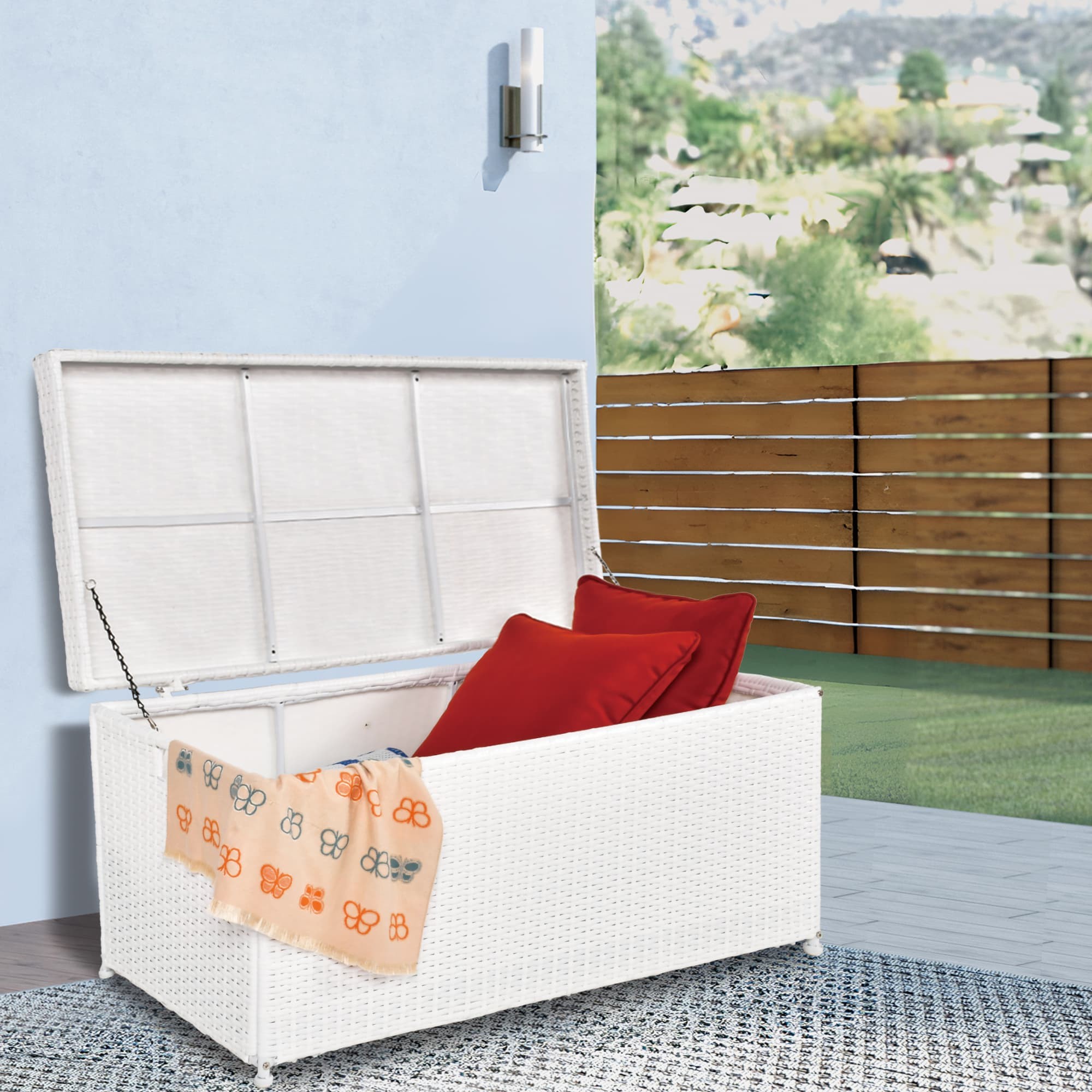 Outdoor White Resin Wicker Storage Deck Box | Bazaar Home
