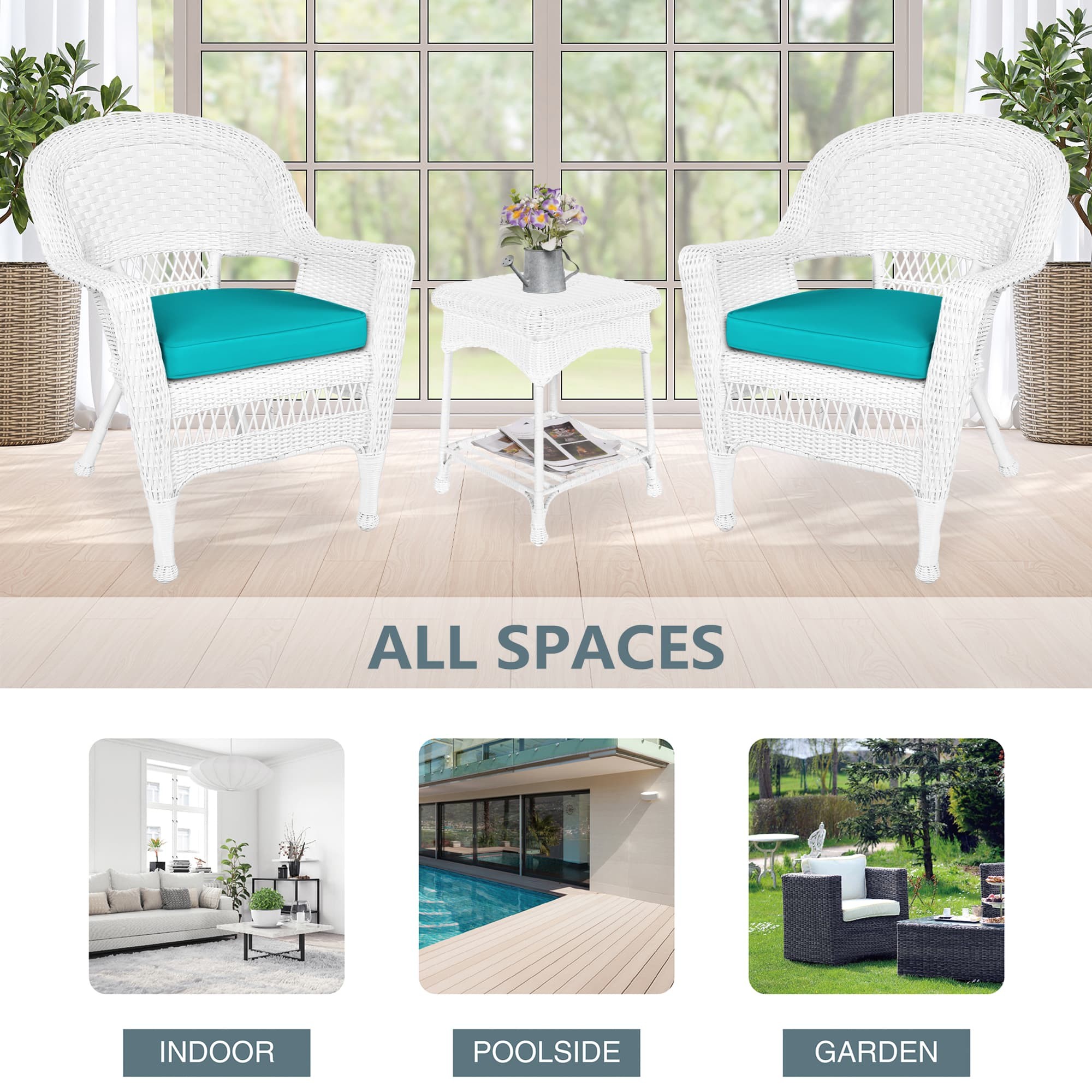 White Wicker Chair And End Table Set With Turquoise Chair Cushion ...